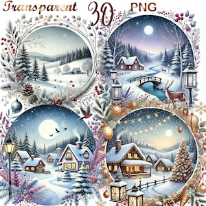 30 PNG Christmas Villages Clipart Bundle, Set 4, Round Winter Scene ...