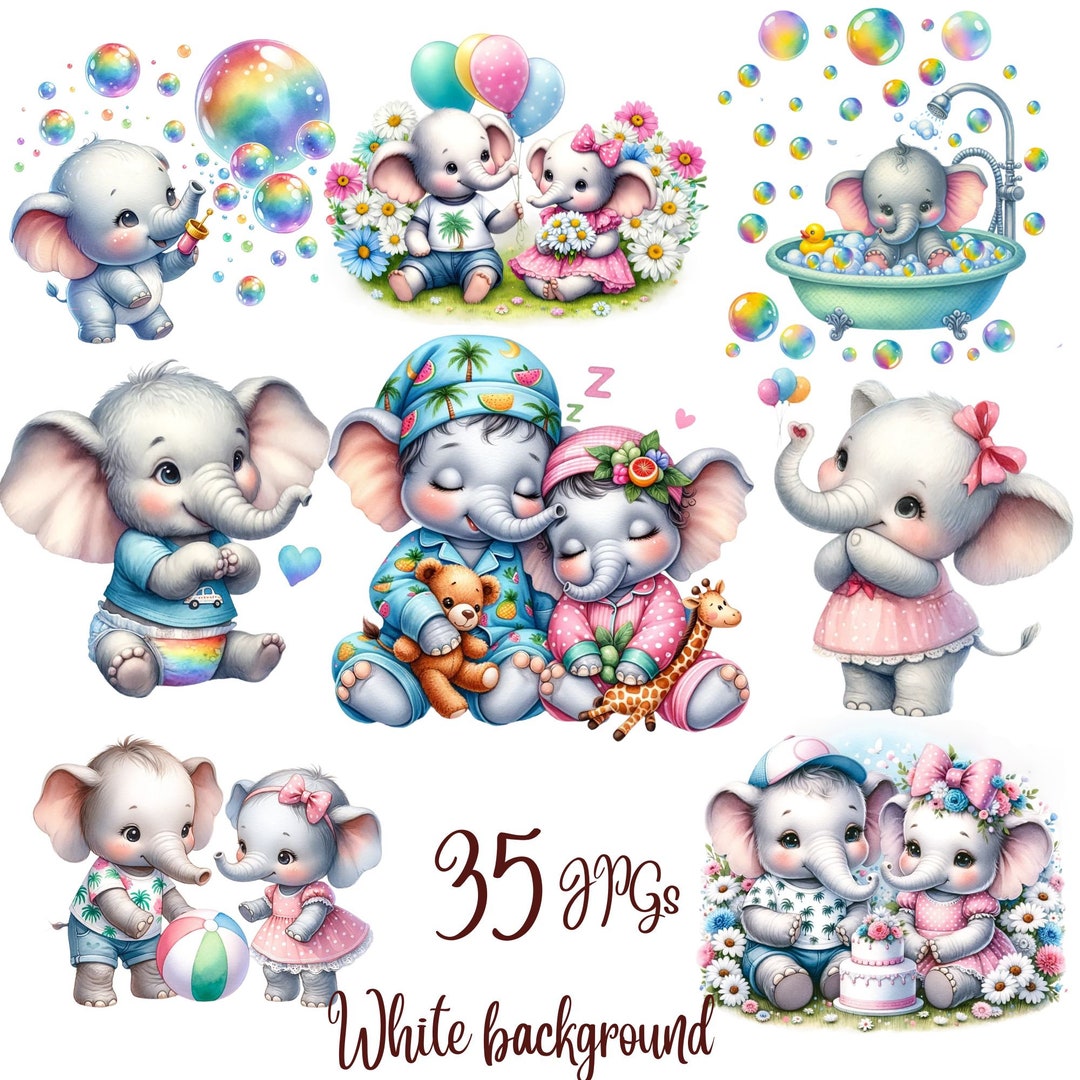 35 Jpgs Cute Elephant Clipart Bundle,baby Boy Elephant Illustration ...