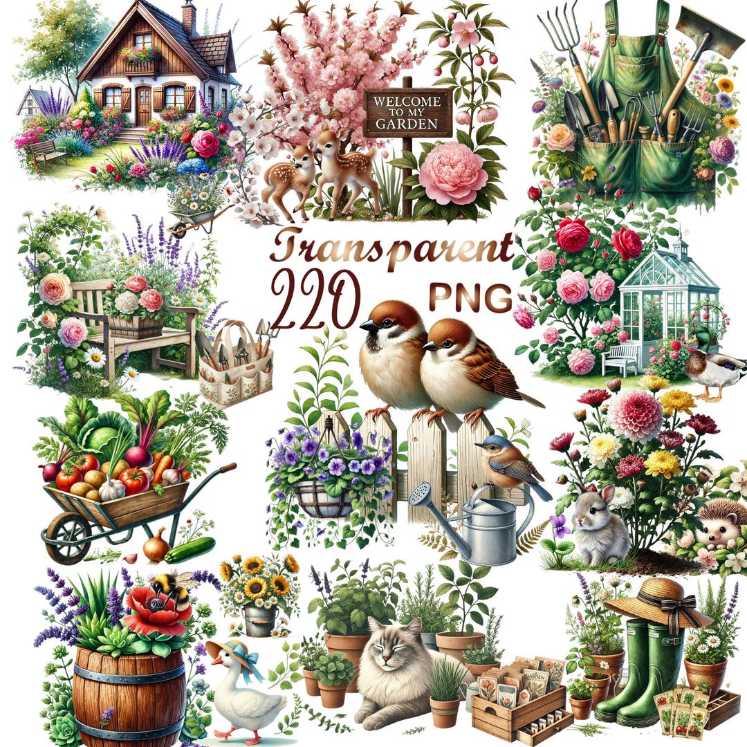 Watercolor Garden Clipart Bundle: Flowers, Herbs, Tools (220 PNG ...