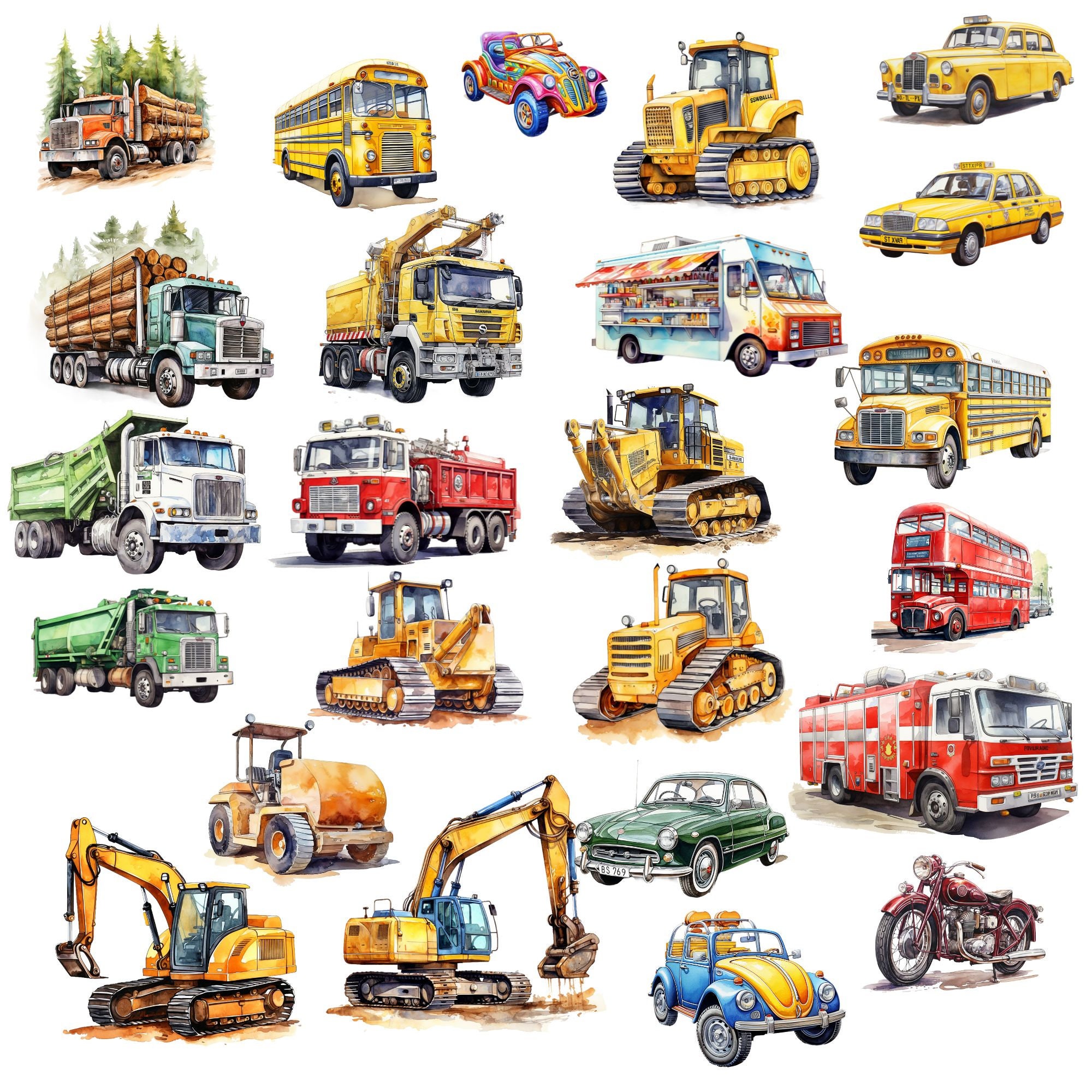 Watercolor Construction Vehicle Clipart: 65 PNG Illustrations ...