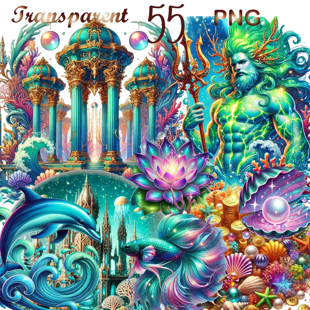 55 PNG Mythical Atlantis Clipart Bundle, Fantasy Ocean Illustrations ...