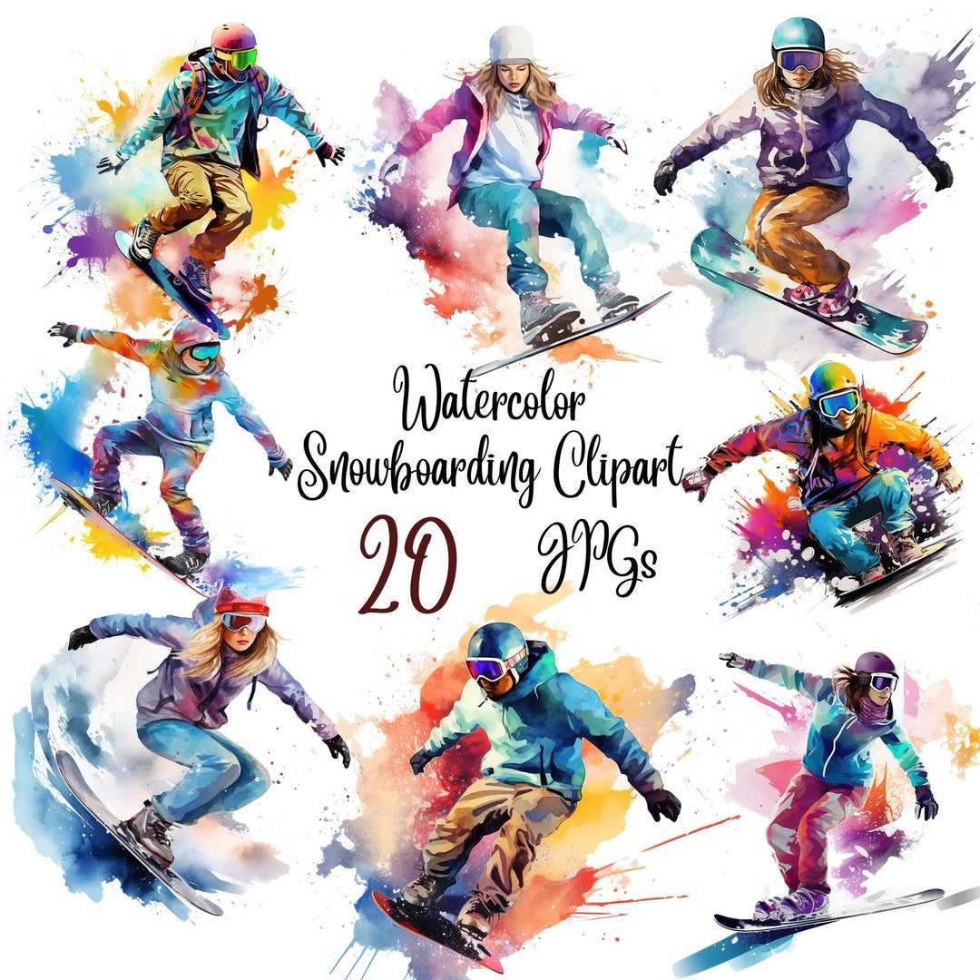 20 Watercolor Snowboarding Clipart, Jpgs, Commercial Use, Digital ...