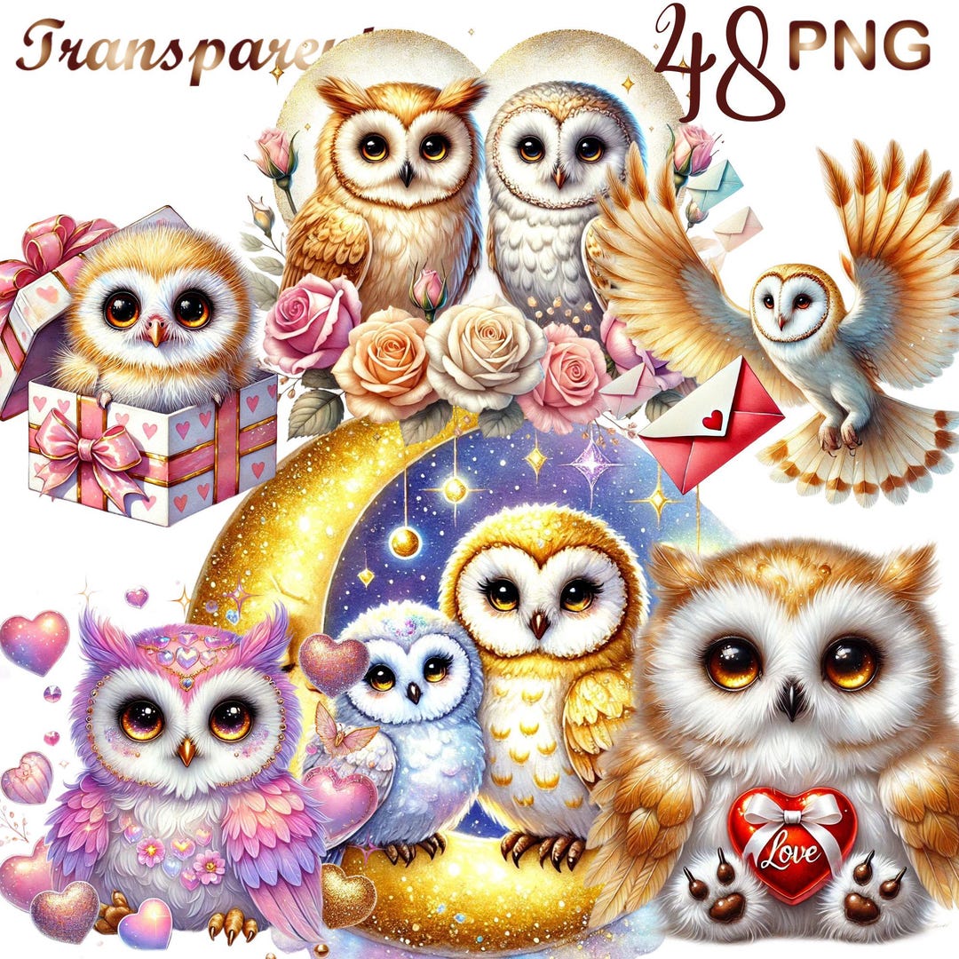 48 PNG Valentine Cute Owls Clipart Bundle, Couple Owls Valentine's Day ...