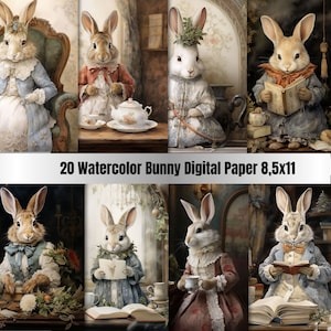 20 Printable Watercolor Bunny Digital Paper, Cozy Christmas Rabbit ...