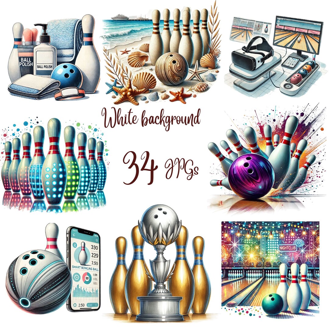 34 JPG, Sport Bowling Clipart Bundle, Bowling Clipart,watercolor ...