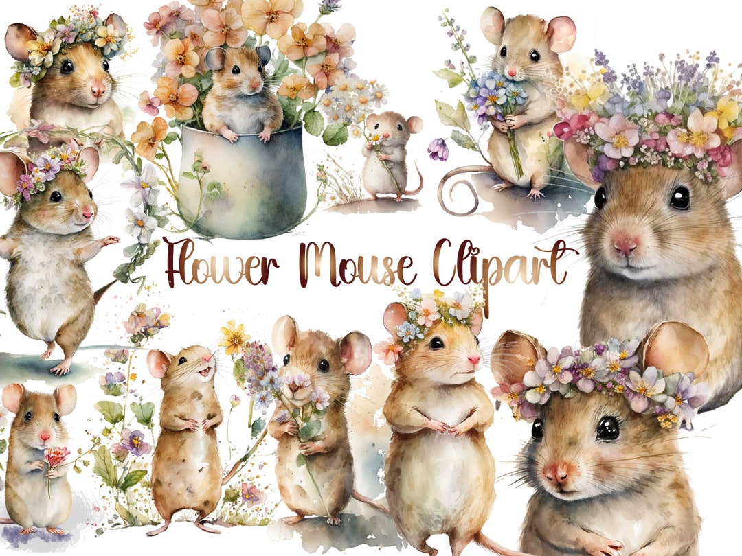 Flower Mouse Clipart, Mouse and Flower Clipart, Cute Watercolor Mouse ...