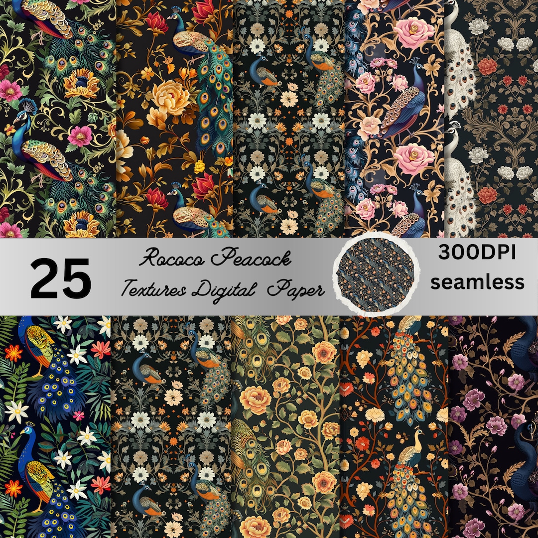 25 Seamless Rococo Peacock Digital Paper Shabby Chic Printable Paper ...