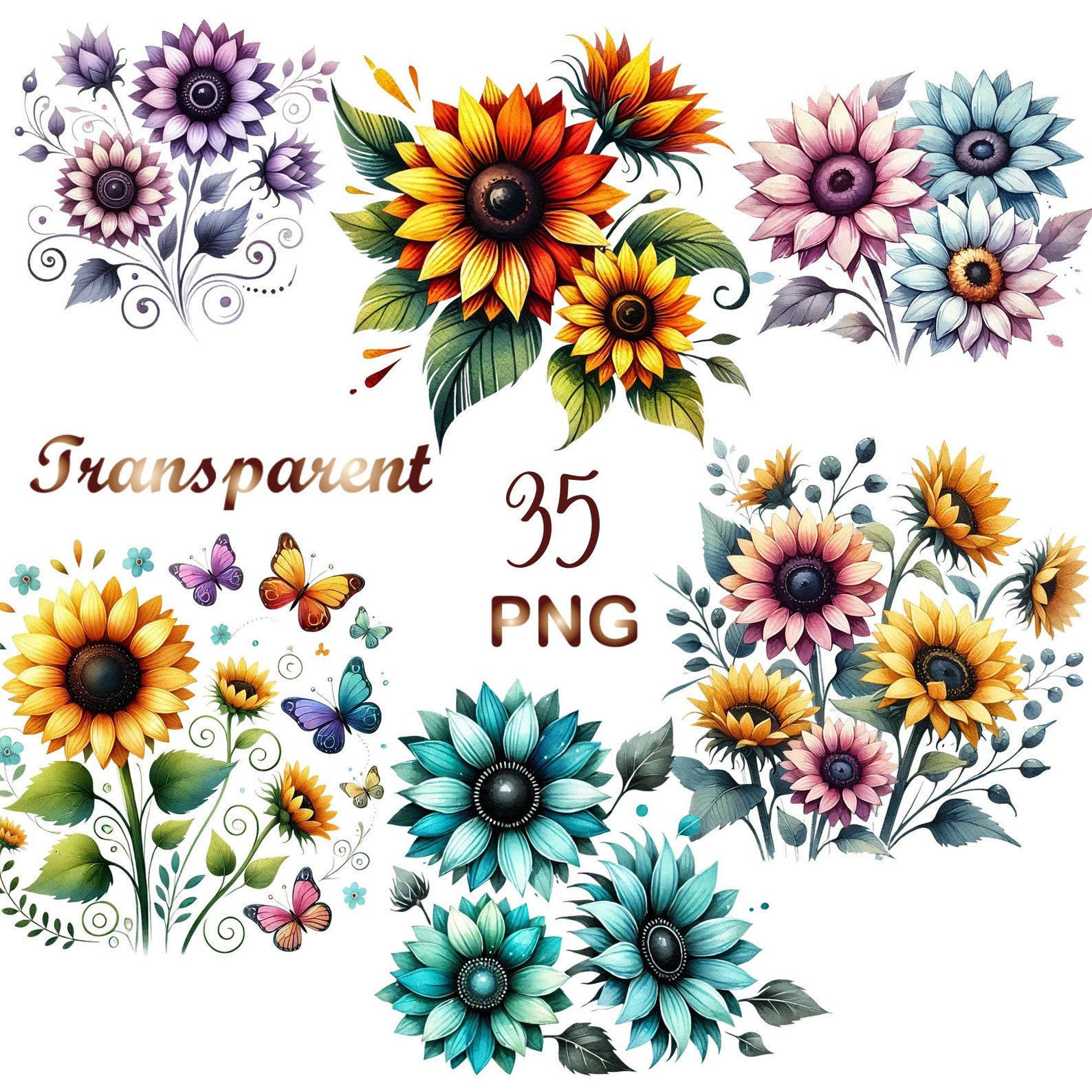 35 PNG, Stylized Sunflowers Clipart Bundle, Nursery Decor,sunflowers ...