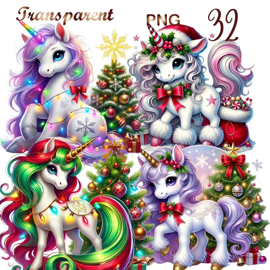 32 PNG Christmas Unicorns Clipart Bundle, Set 6, Festive Unicorn ...
