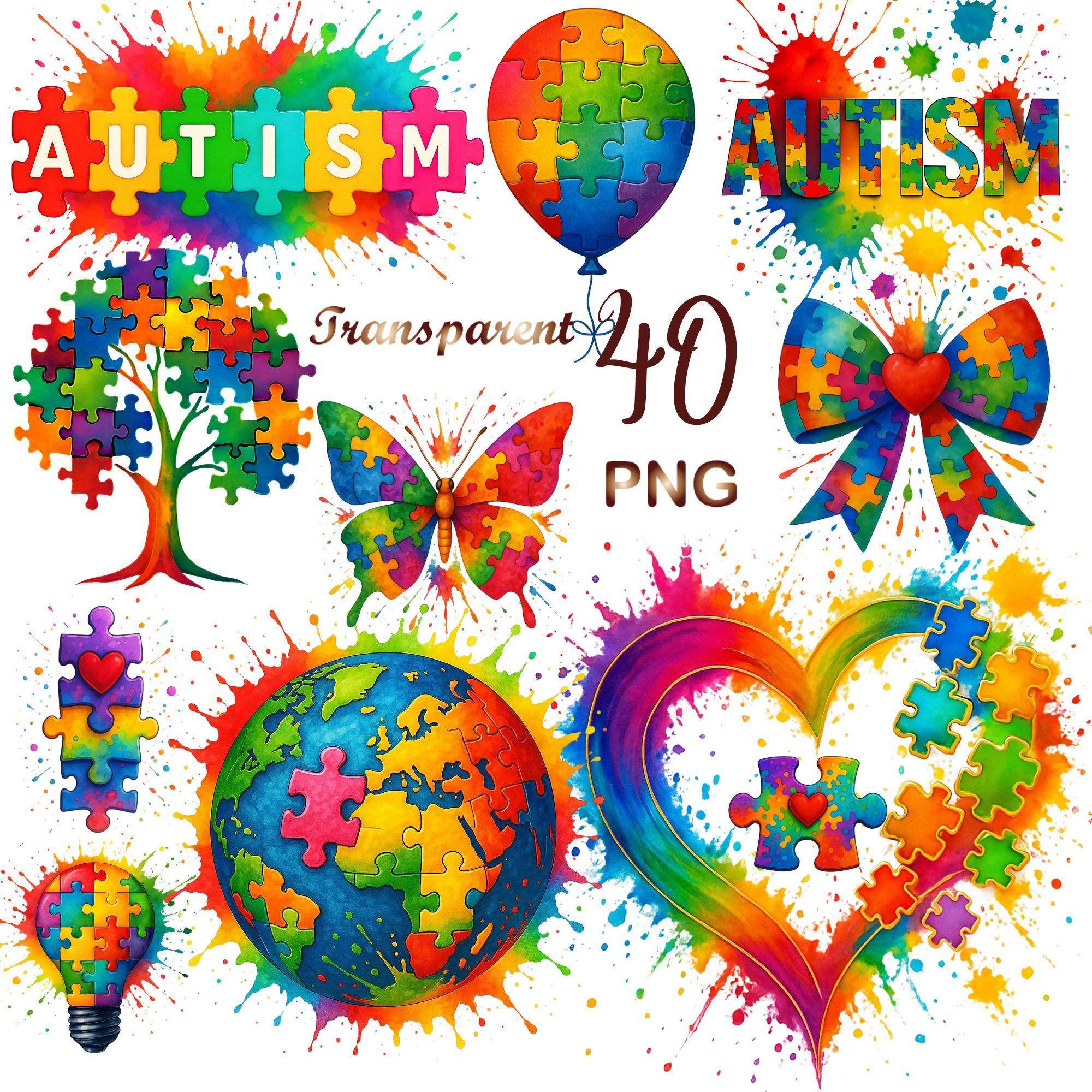 40 PNG Set 2 Autism Awareness Clipart Bundle, Supportive Illustrations ...