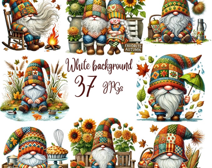 Autumn Gnome Clipart PNG, Set of 14, Fall Gnomes With Pumpkins & Leaves ...