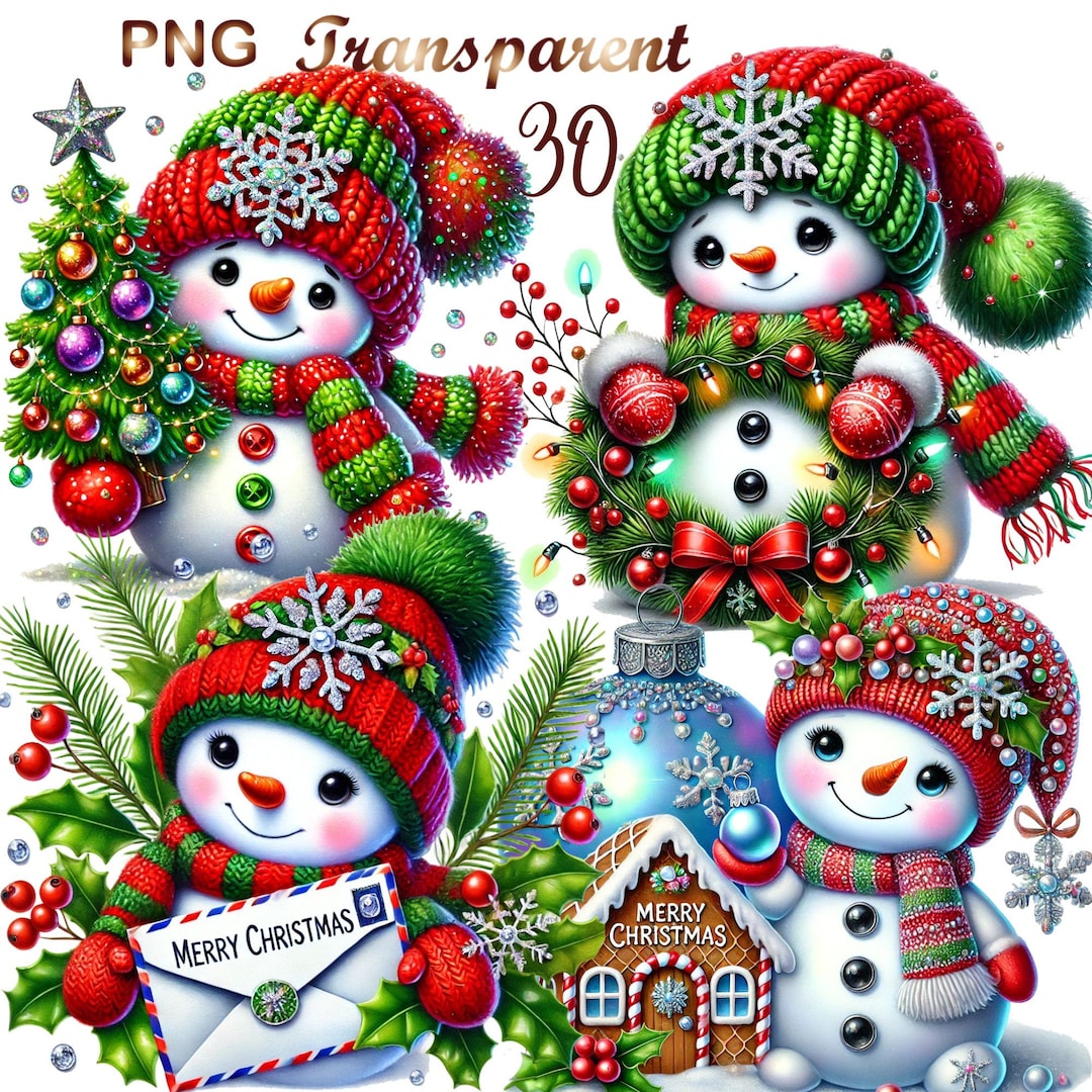 30 PNG Watercolor Snowman Cuteness Clipart Bundle, Christmas Holiday ...
