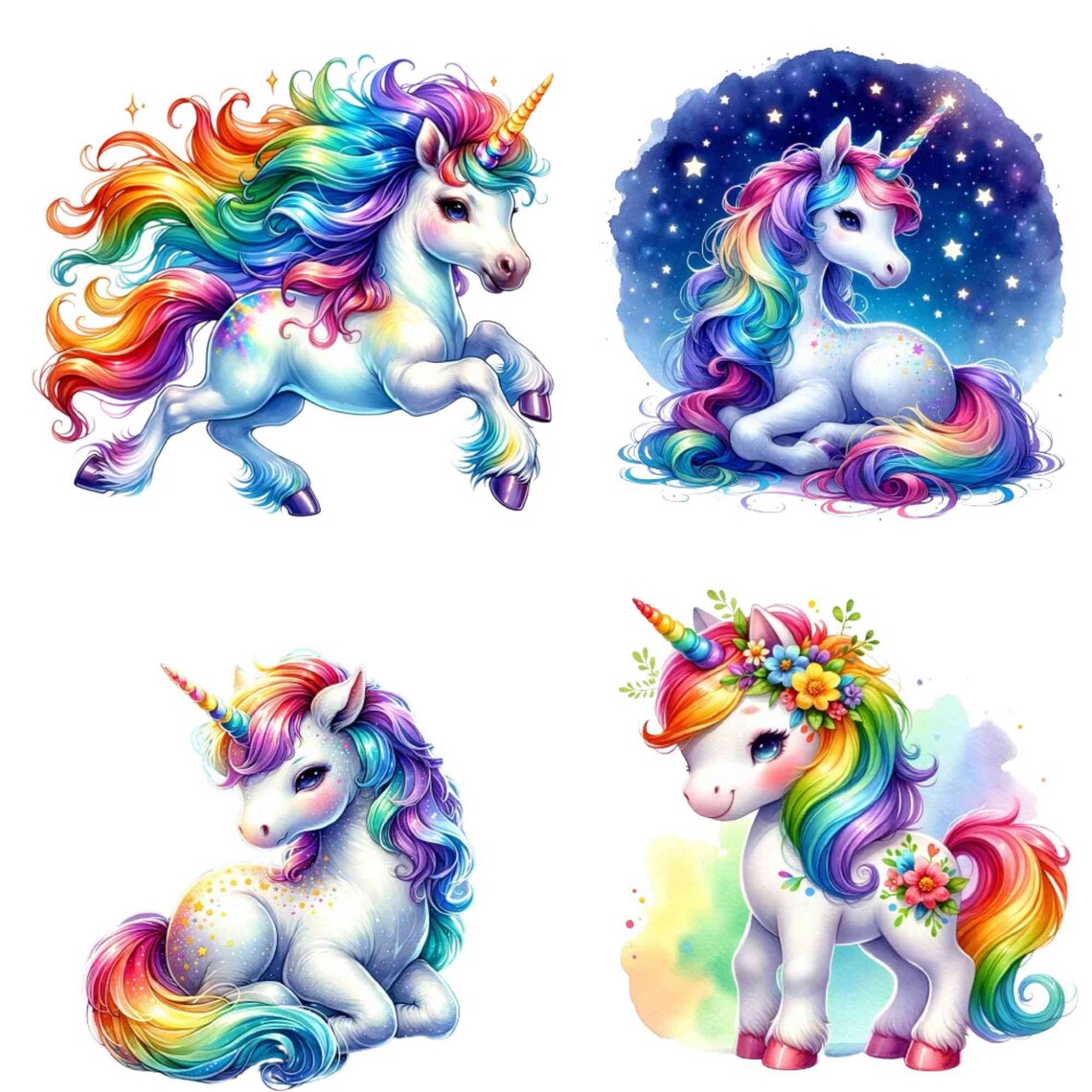 Baby Unicorn Clipart PNG Bundle – 18 Watercolor Rainbow Unicorns, Cute ...
