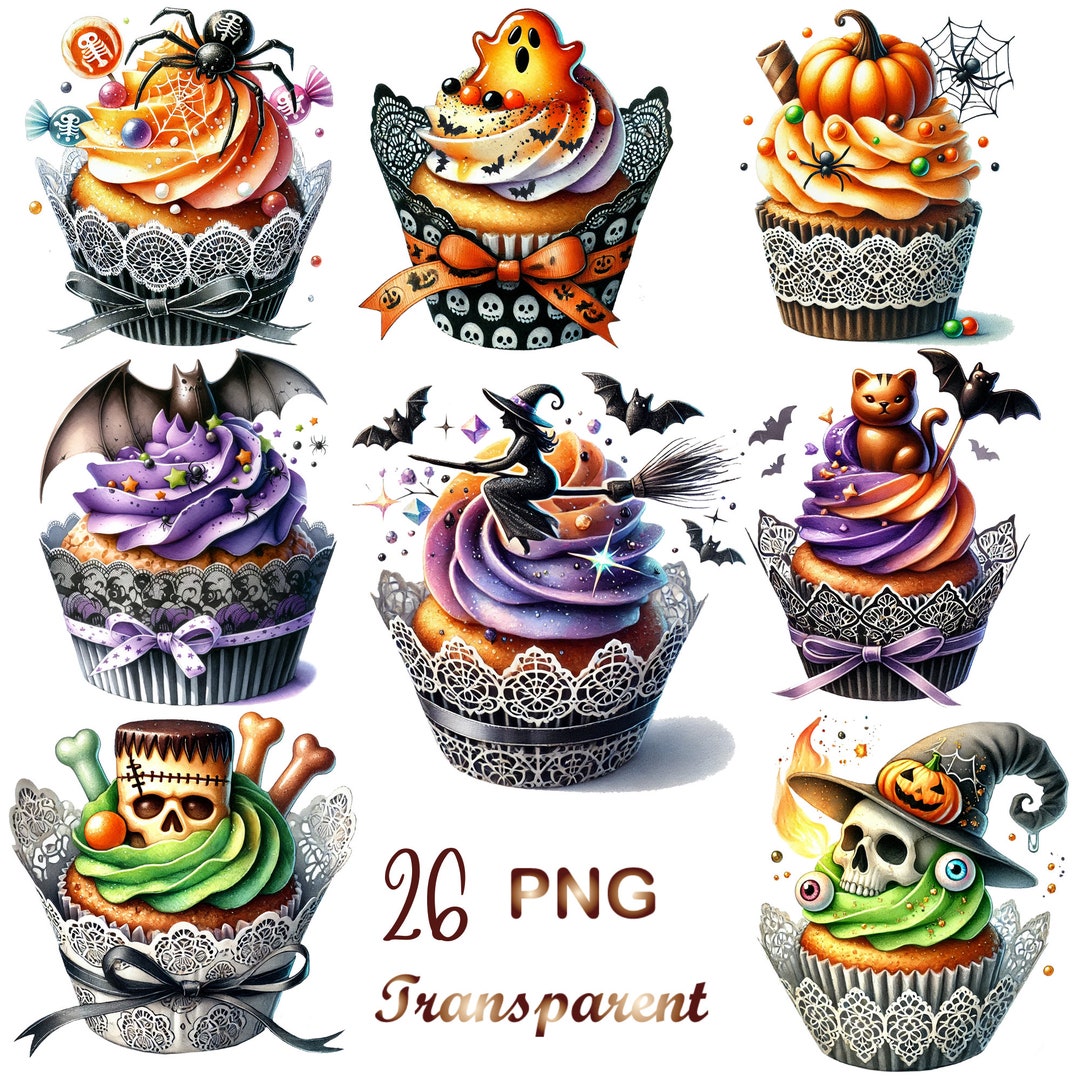 26 PNG, Halloween Cupcake Clipart,watercolor Halloween, Watercolor ...