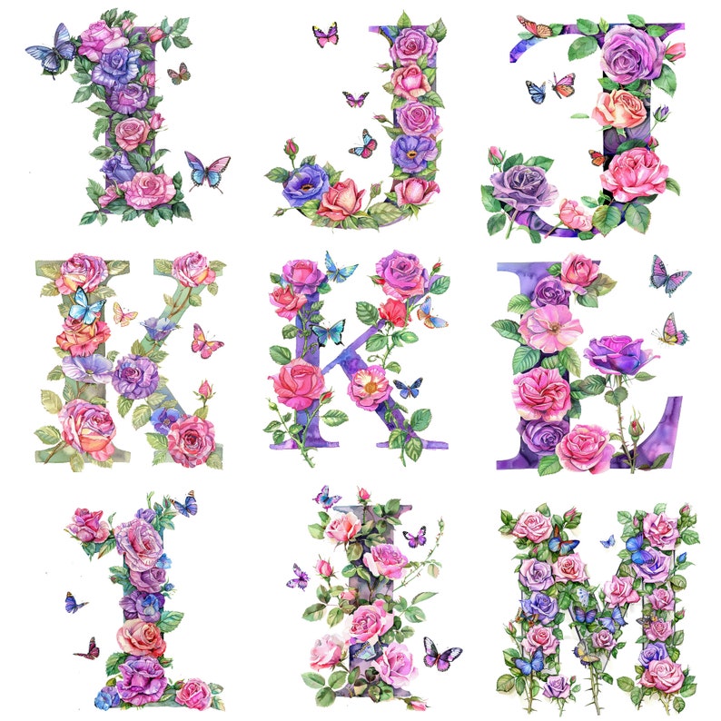 36+ PNG, Watercolor Rose Alphabet Collection Clipart, Roses Butterflies ...