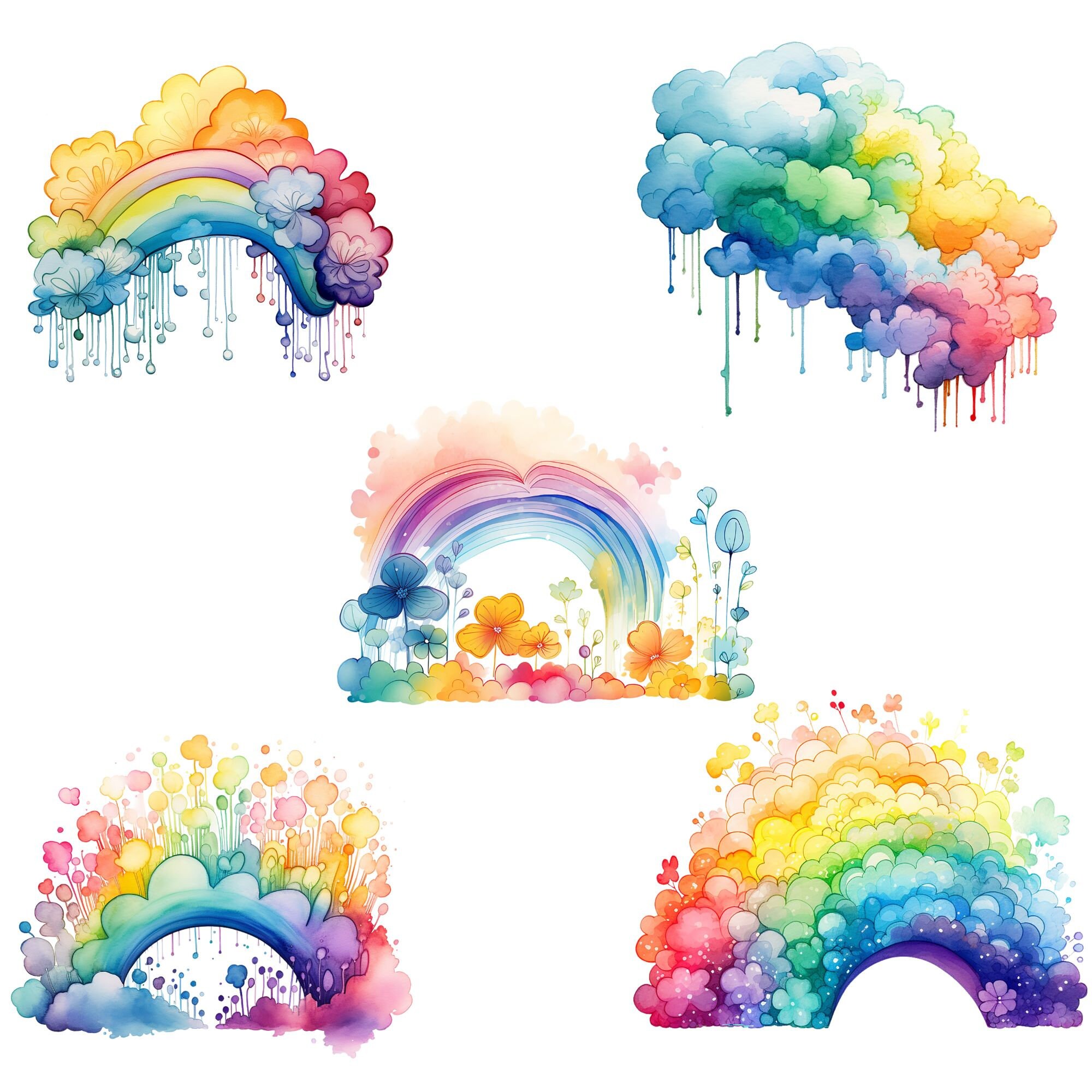 17 Watercolor Pastel Rainbow Clipart Bundle Png,sun,clouds,rainbow Png ...