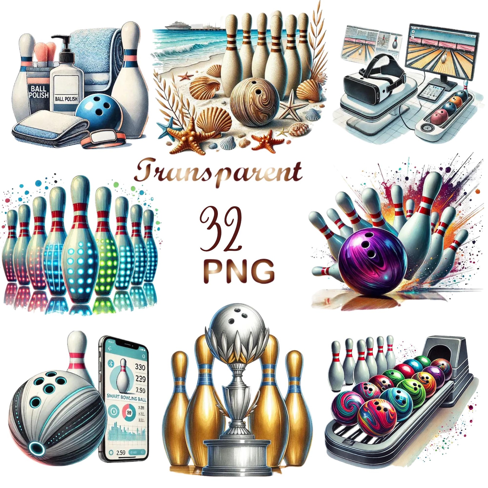32 PNG Set 1 Sport Bowling Clipart Bundle, Bowling Clipart,watercolor ...