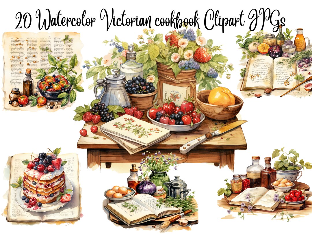 20 Watercolor Victorian Cookbook Clipart, Jpgs, Cookbook Clipart ...