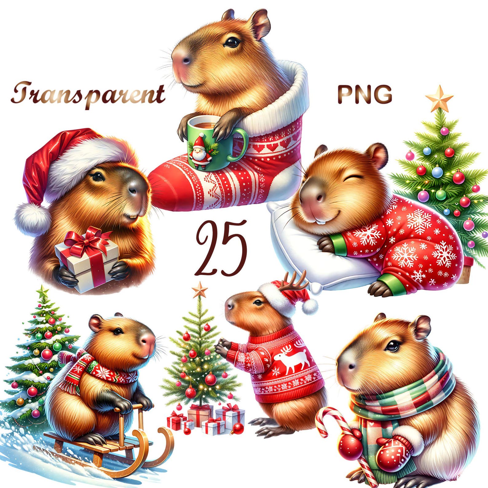25 PNG Christmas Capybara Clipart Bundle | Cute Holiday Capybaras ...