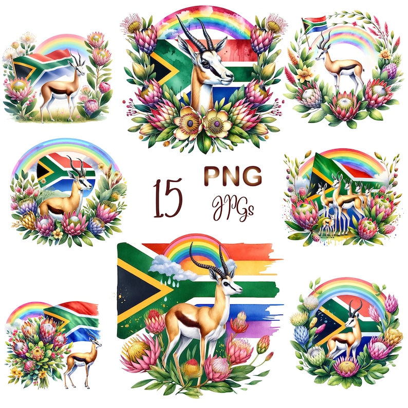Watercolor African Springbok Clipart Bundle, 15 PNG/JPG South Africa ...