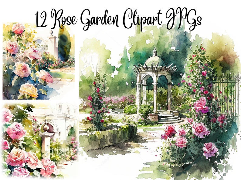 12 Jpgs, Watercolor Rose Garden Clipart, Floral Clipart, Commercial Use ...