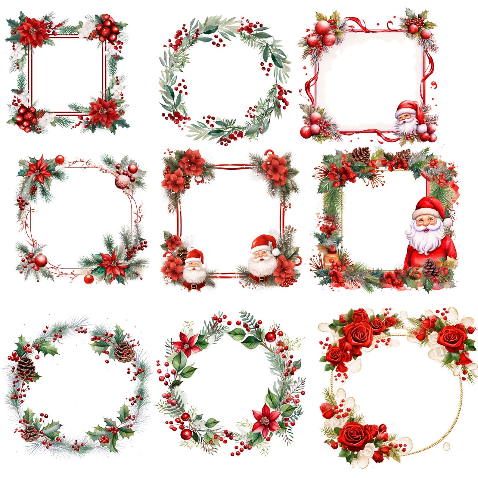 25 Watercolor Christmas Frames Clipart, Merry Christmas Holiday Wreath ...