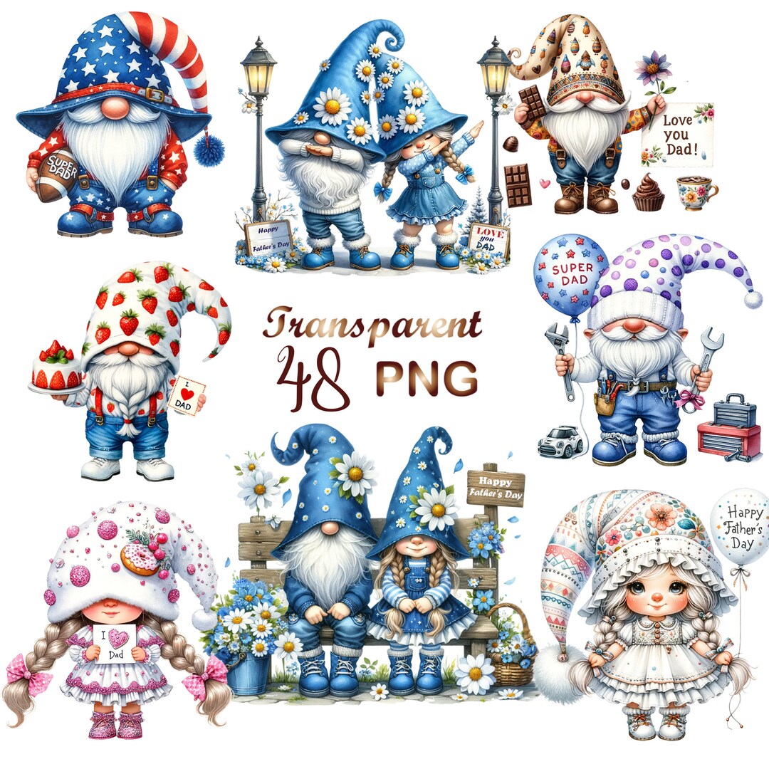 48 PNG, Watercolor Father's Day Gnomes Clipart Bundle, Gnome Cute ...