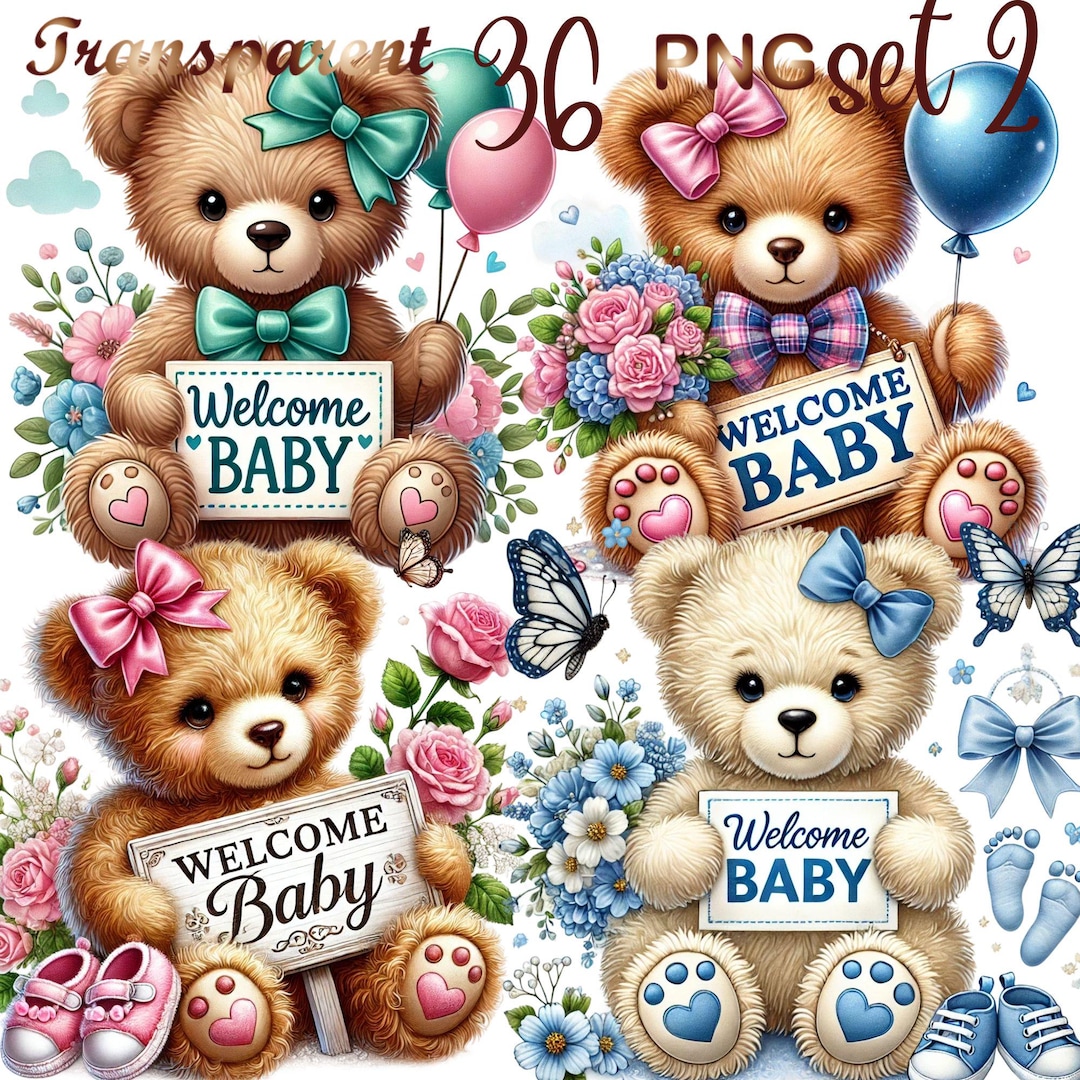 36 PNG Set 2 Welcome Teddy Bear Clipart Bundle,baby Teddies Newborns ...