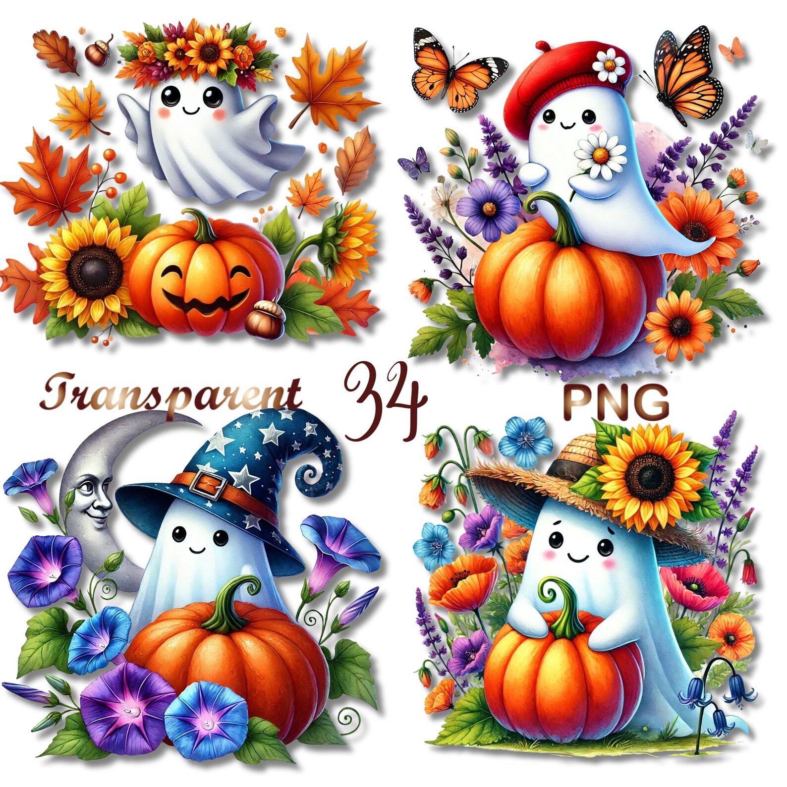 34 Png,watercolor Cute Ghost Clipart Bundle,halloween Clipart Bundle ...