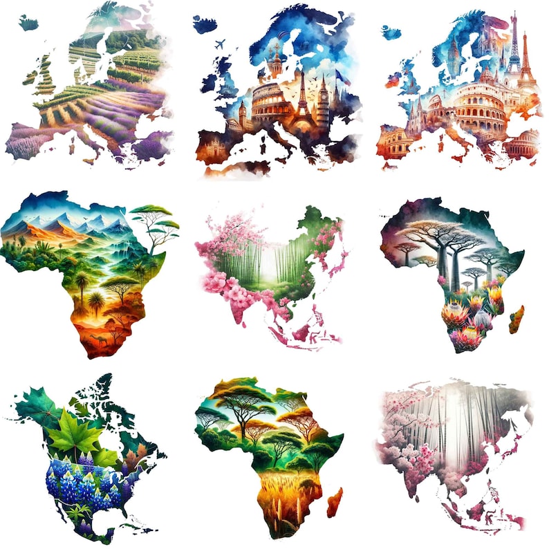 36 Continent Clipart Bundle, Continent Art, Continent Map, Continent ...