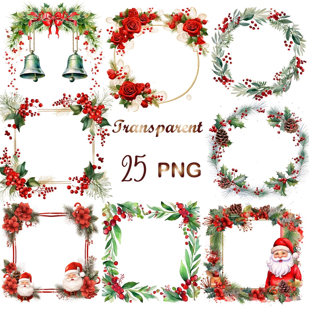 25 Watercolor Christmas Frames Clipart, Merry Christmas Holiday Wreath ...