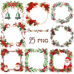 25 Watercolor Christmas Frames Clipart, Merry Christmas Holiday Wreath ...