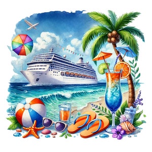 20PNG, Watercolor Cruise Clipart Bundle, Beach and Cruise Ship, Cruise ...