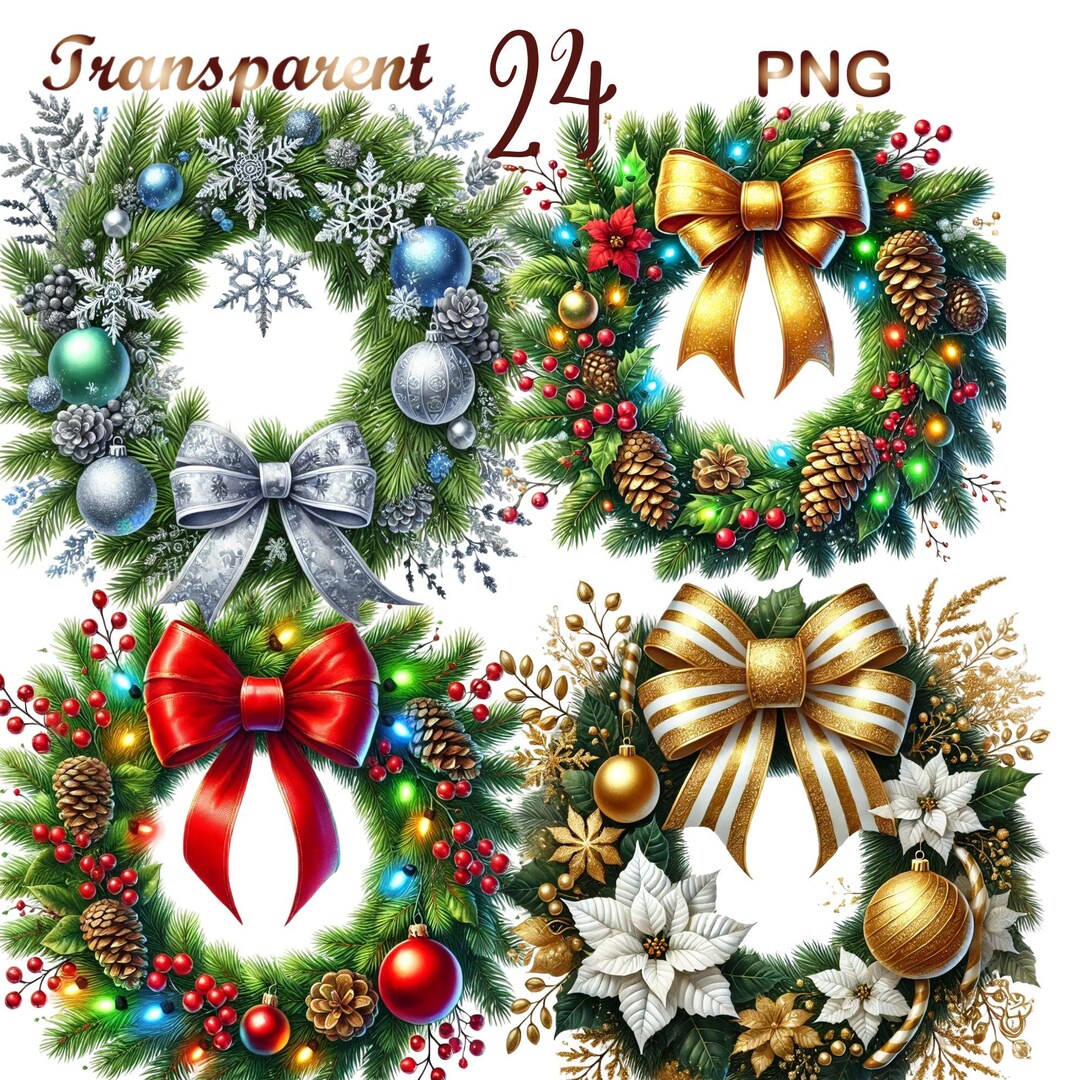 24 PNG Christmas Wreaths Clipart Bundle, Set 3, Festive Wreath ...