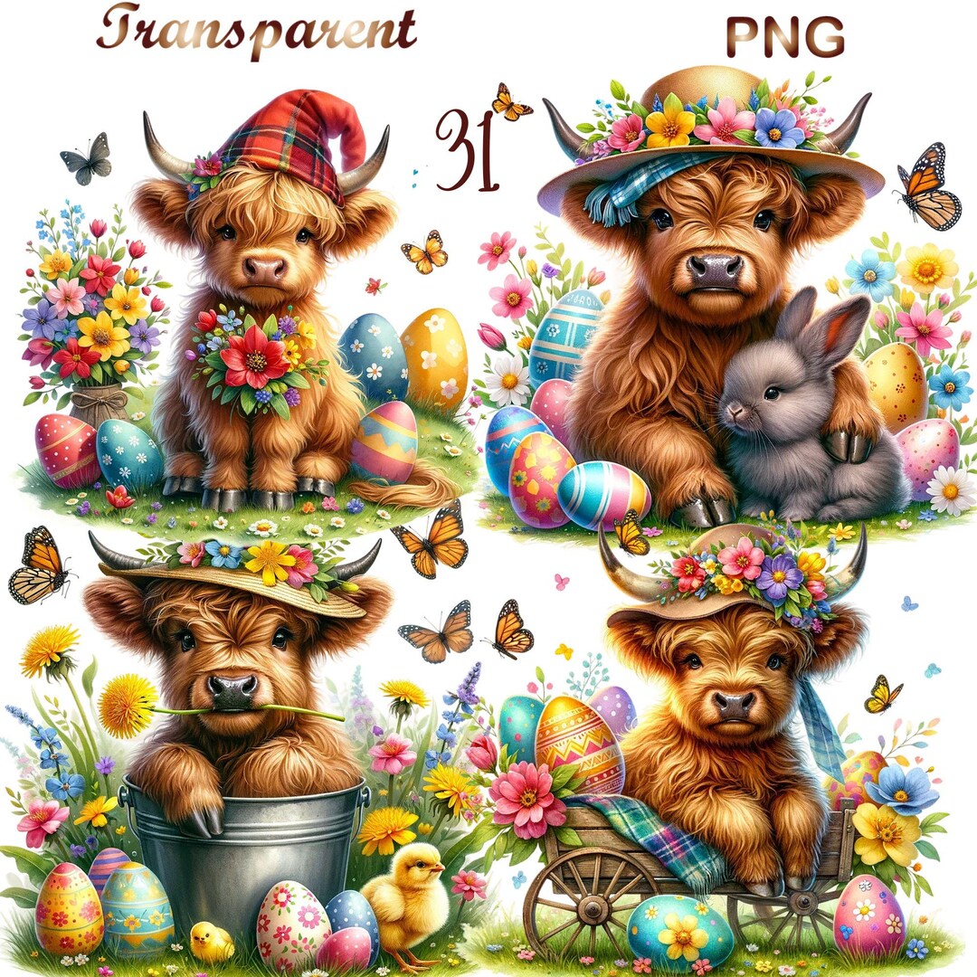 31 PNG Easter Highland Cow Collection Clipart, Spring Highland Cow ...