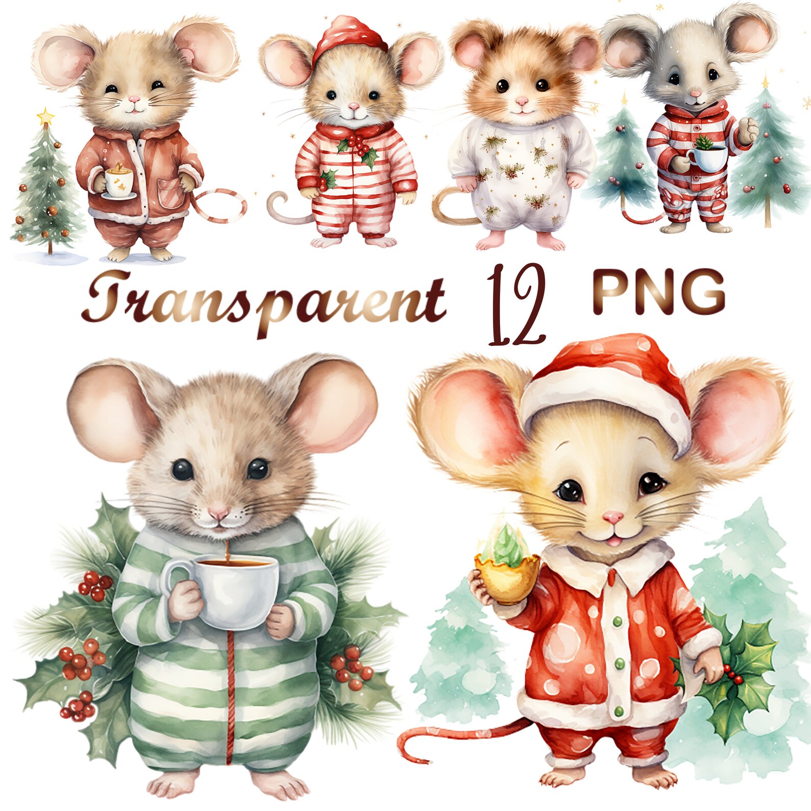 12 Christmas Mouse PNG, Xmas Mouse Clipart, Mouse in Pajamas Clipart ...
