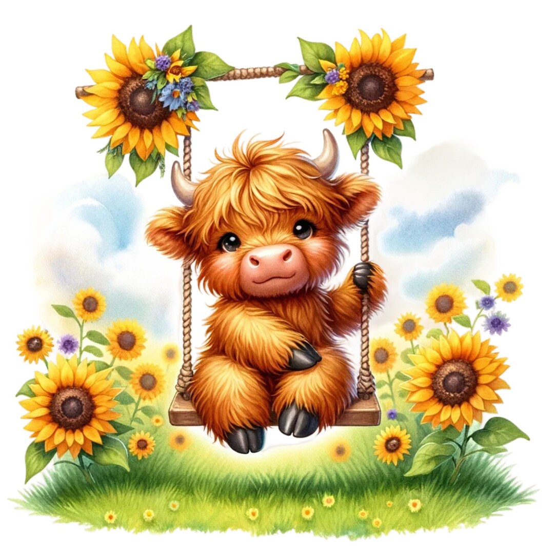 18 Jpgs, Watercolor Sunflower Highland Cows Collection Clipart, High ...
