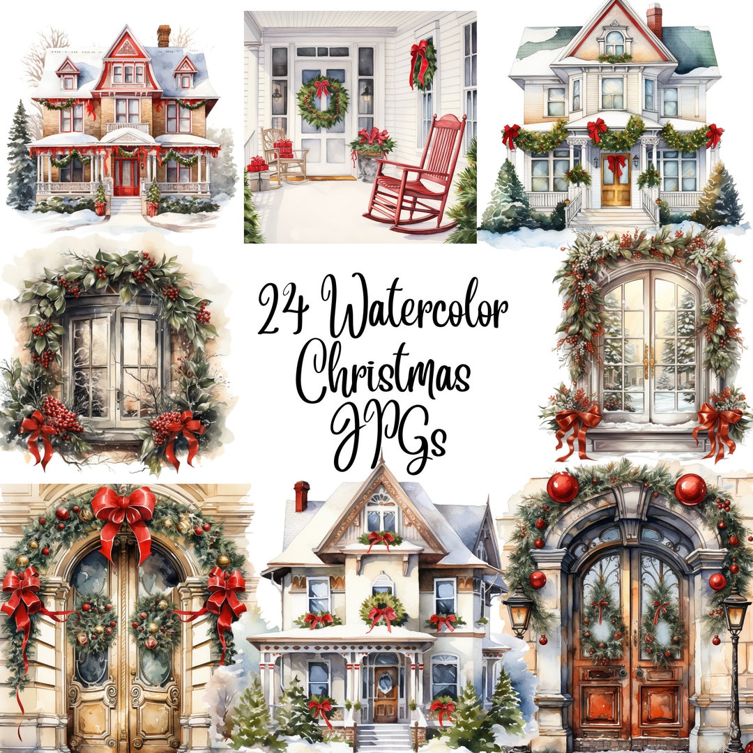 24 Watercolor Christmas Clipart Jpgs,winter Porch House Window Clipart ...