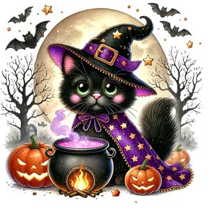 26 PNG, Cute Witch Cat Clipart Bundle, Witch Cat Clipart, Watercolor ...