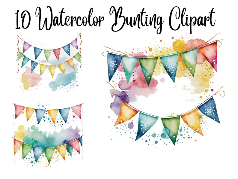 10 Watercolor Bunting Clipart, Birthday Clipart,jpgs, Commercial Use ...