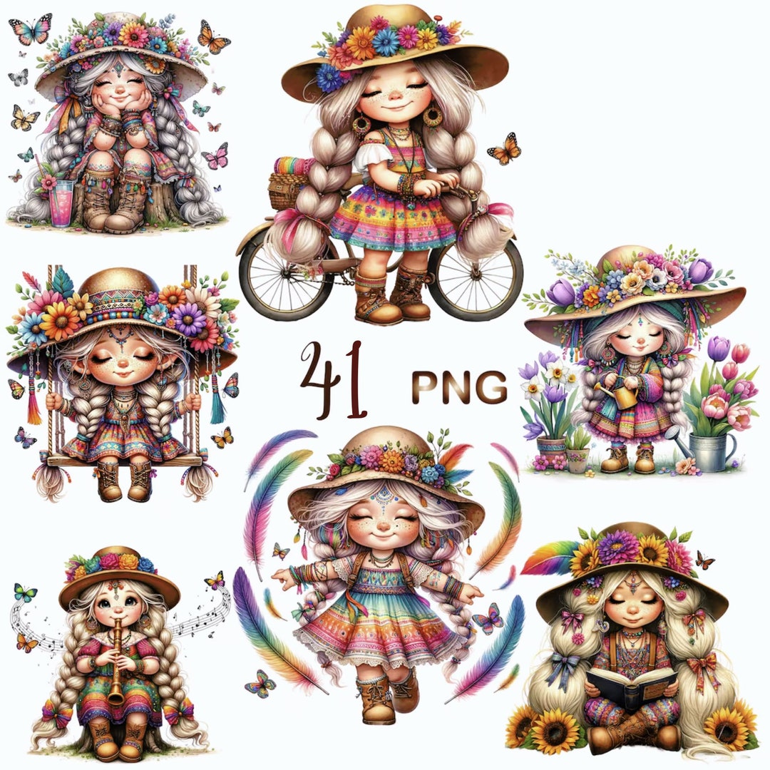 41 PNG, Boho Girl Gnome Clipart Bundle, Hippie Girl Gnomes Png, Hand ...