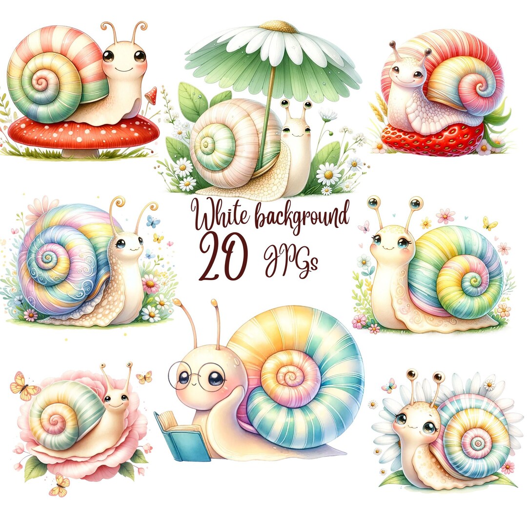 20 JPG, Pastel Watercolor Snail Clipart Bundle, Cute Snail Clipart ...