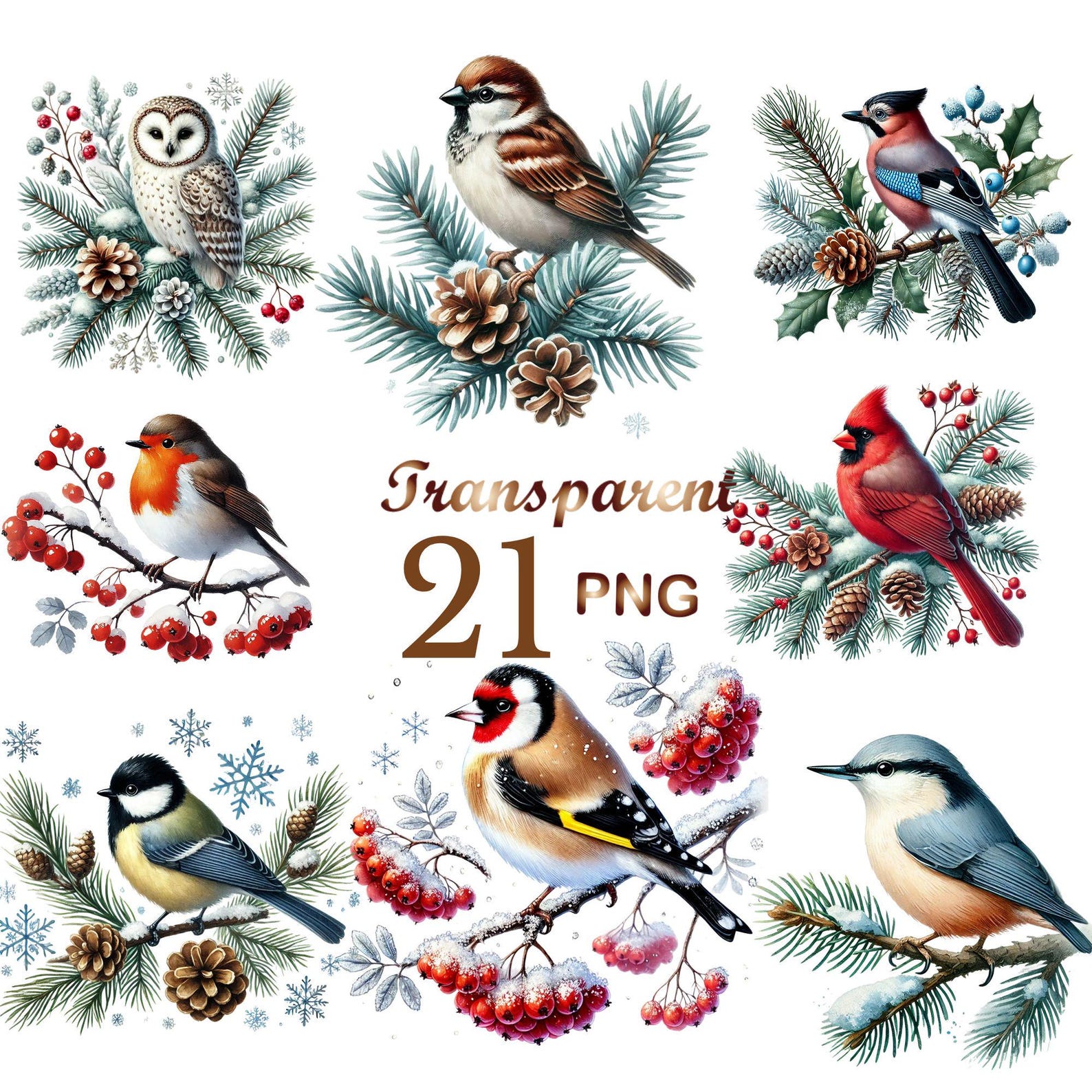 Winter Birds Clipart Bundle 21 PNG – Watercolor Christmas Bird PNG Set ...