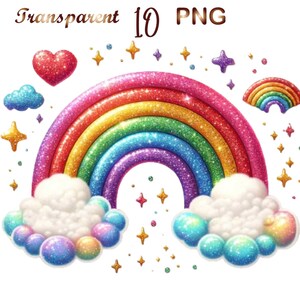 10 Rainbow Clipart Bundle Png,sun,clouds,rainbow Png, Glitter Rainbow Png, Digital Download ...
