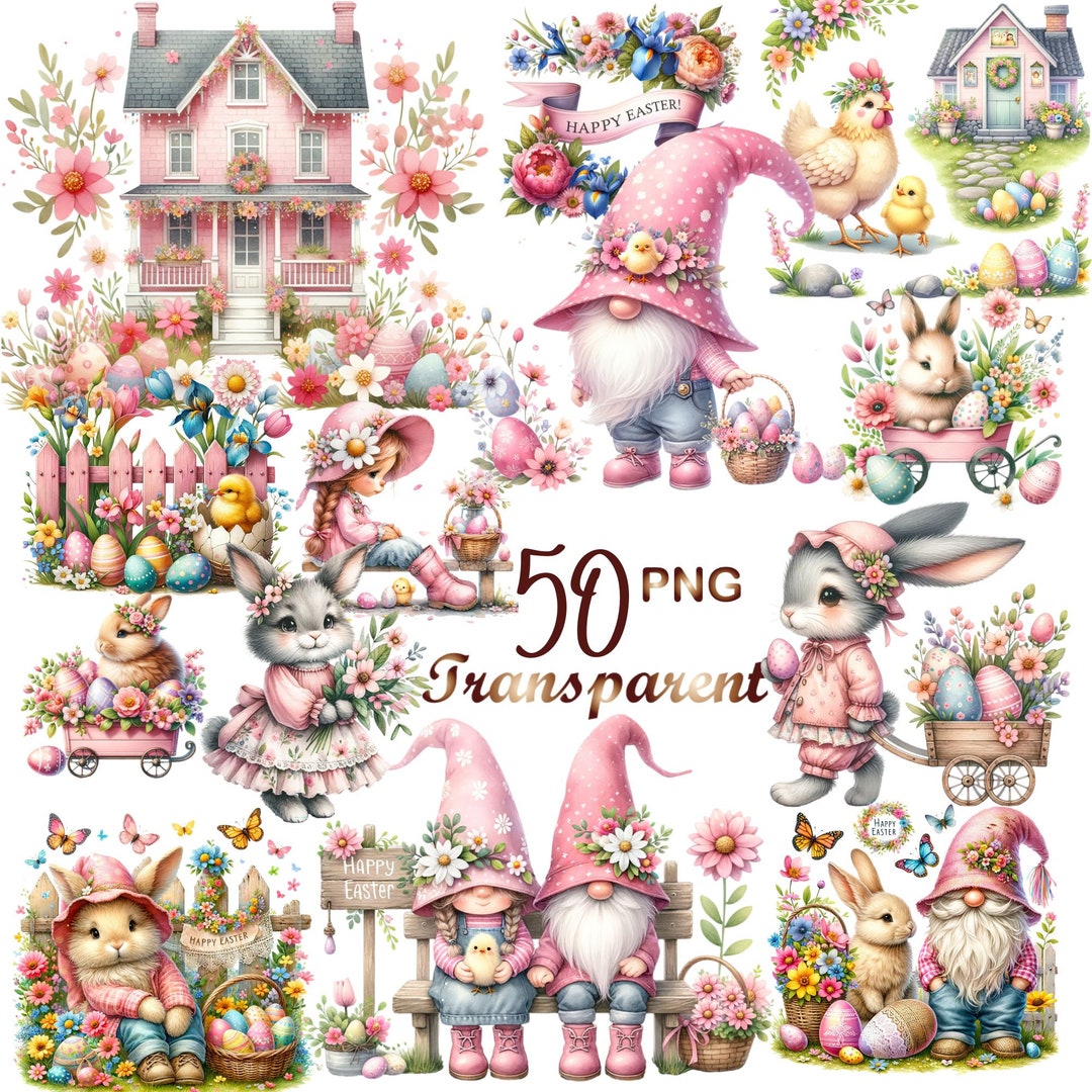 50 PNG, Easter Village Clipart Bundle, Easter Gnome Clipart, Pink ...