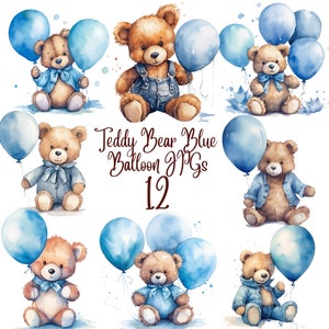 12 Teddy Bear Blue Balloon Jpgs, High Quality, Digital Planner, Paper Crafts, Watercolor, Teddy ...