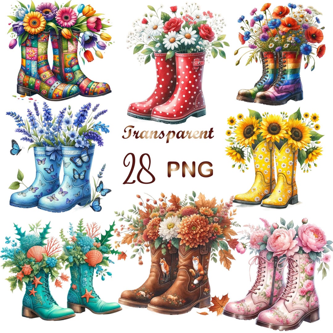 28 PNG, Floral Garden Boots Clipart Bundle, Boots With Flowers Graphics ...