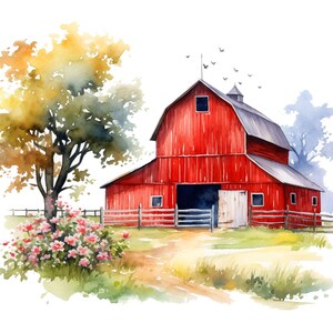 14 Watercolor Red Farm Clipart, Jpgs, Red Farm, Commercial Use, Digital ...