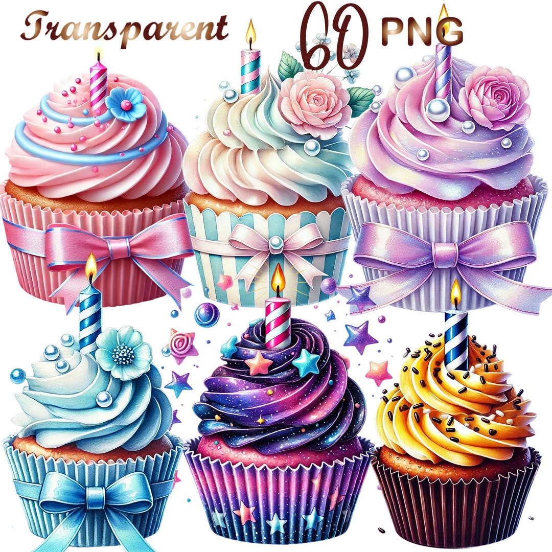 60 PNG Birthday Cupcakes Clipart Bundle, Festive Cupcake Graphics ...