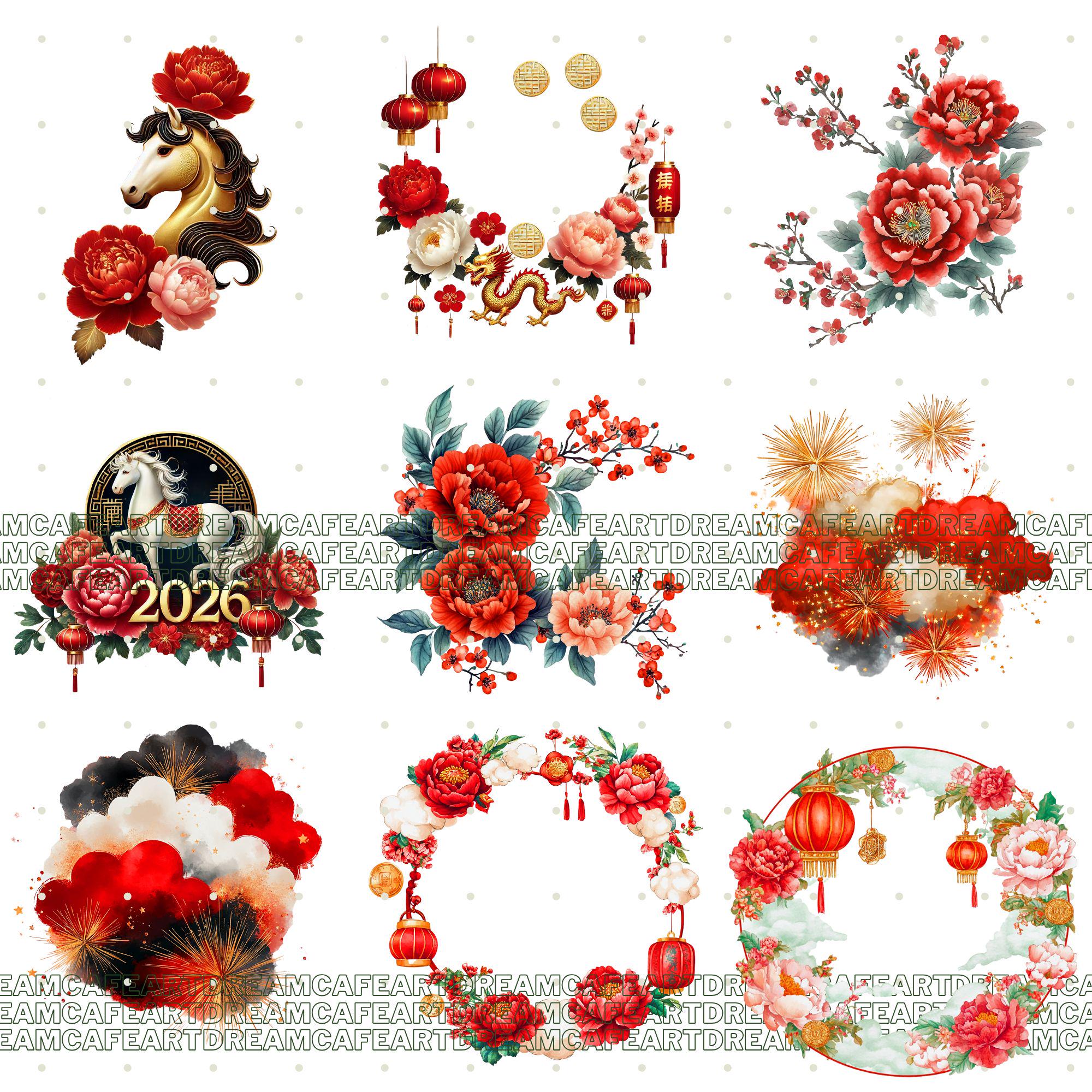 2026 Chinese New Year Clipart Set – Red Gold PNG Bundle With Lanterns ...
